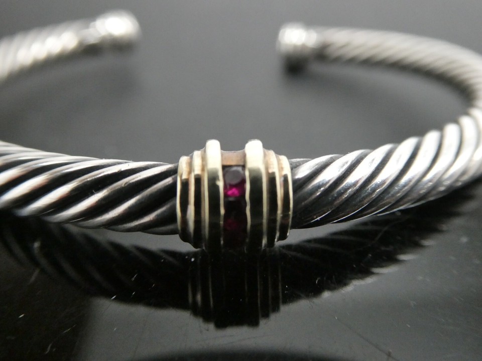 David Yurman RUBY Sterling Silver 925 & 14k YG 5mm Cuff Bracelet Size 6 ...