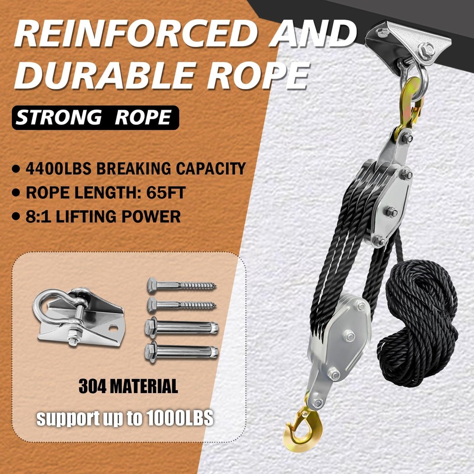 Rope Hoist Pulley System, 4400LB Block and Tackle Pulley System, 8:1 ...