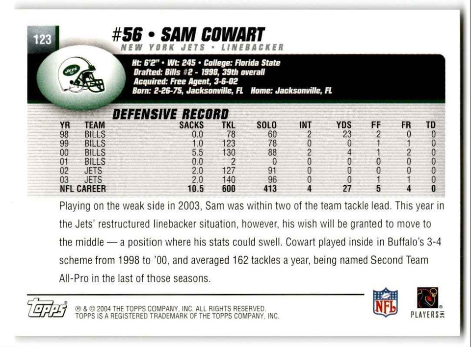 2004 Topps Sam Cowart #123 New York Jets | eBay