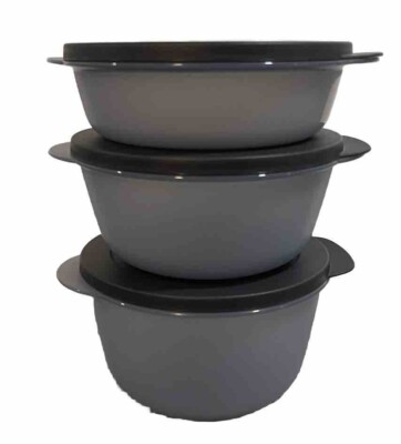 Tupperware Crystalwave Microwave Med & Small Bowl Set X 3 Black Lid ...