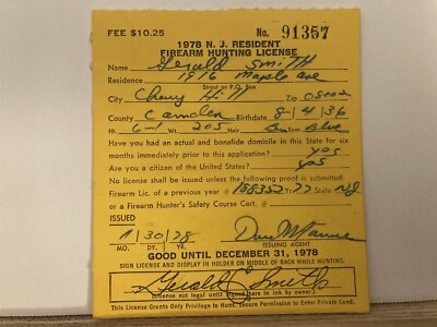 1978 New Jersey Resident Firearm Hunting License NJ Vtg | eBay