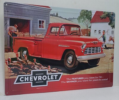 Chevrolet Chevy 1955 Pick Up Truck Red 12" x 17" Caveman Garage Metal ...