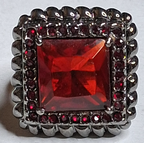Large Red Square Stone Ring Prong Set Etched Gun Metal Gray Size 7 | eBay