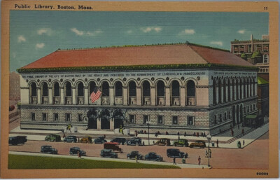 Postcard MA Boston Public Library US Flag 1920s Cars Linen Palladian ...
