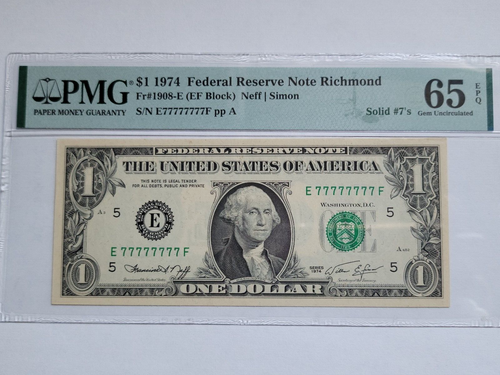 Rare 1974 $1 Federal Reserve Note Solid #7's 77777777 Lucky Fancy ...