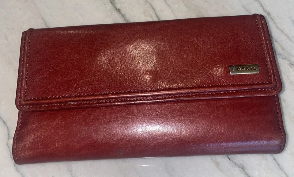 Fossil Leather Tri-Fold Wallet Womens Red Checkbook Clutch Change ...