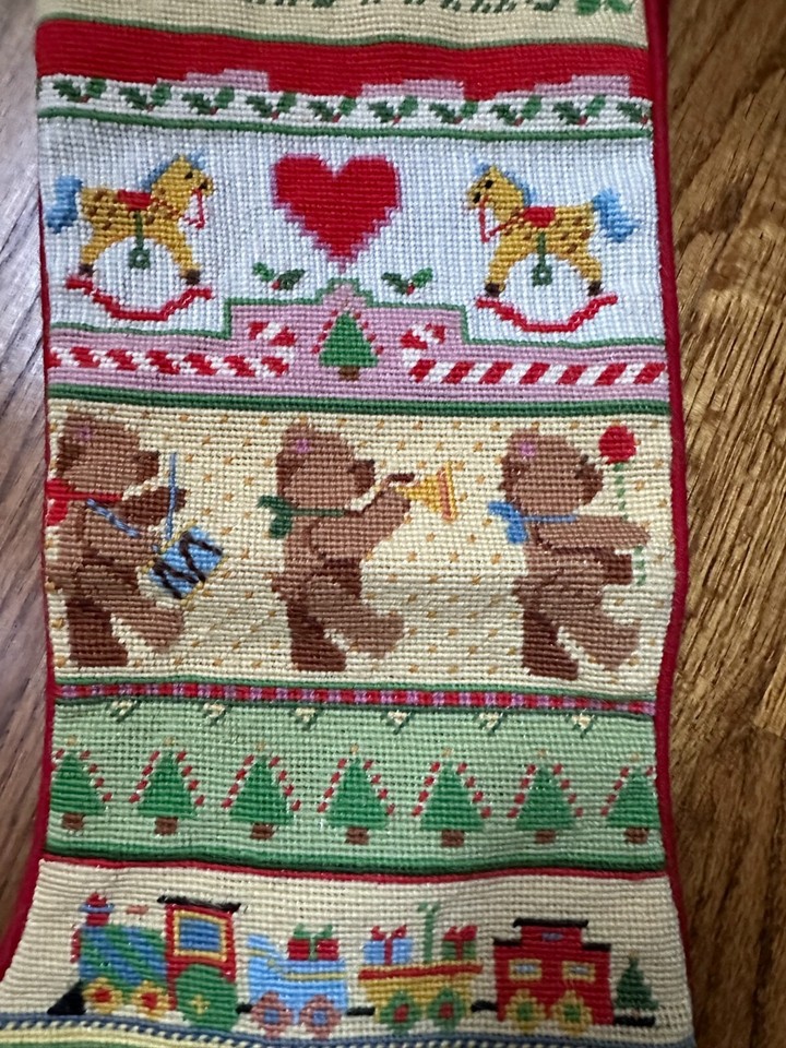 House of Hatten 19" Needlepoint Christmas Stocking Trees Bears Trains ...