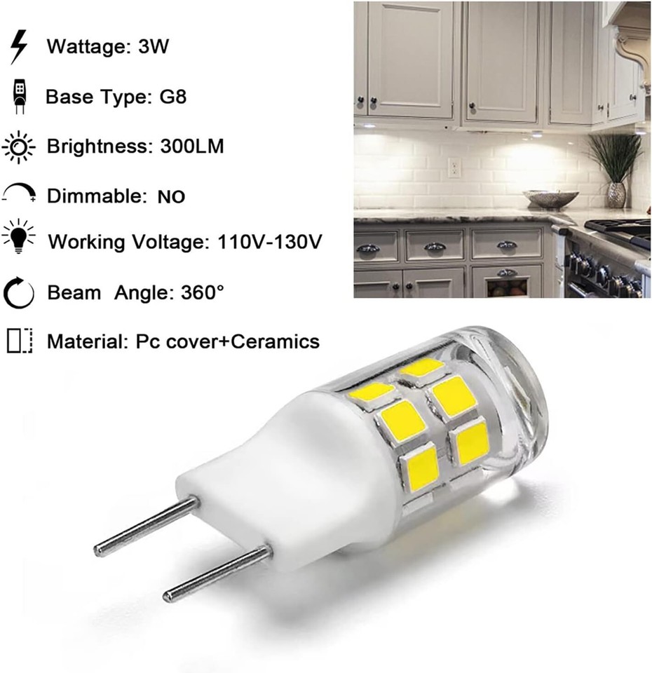 G8 LED Light Bulb, G8 GY8.6 Bi-Pin Base, 3W 120V 20W 35W Halogen ...