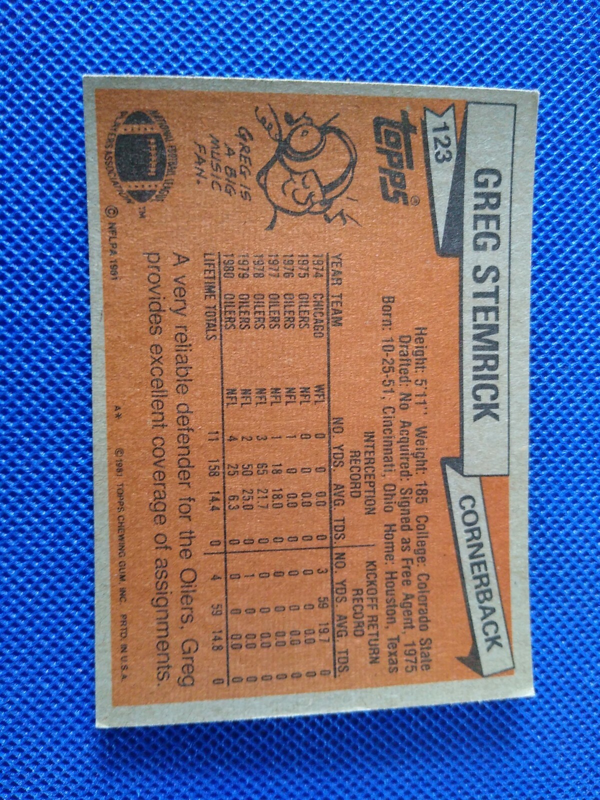 1981 Topps Greg Stemrick Rookie Houston Oilers #123 | eBay