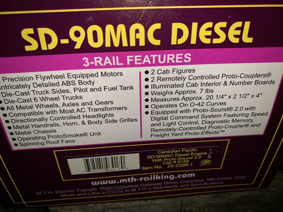 MTH PREMIER CANADIAN PACIFIC SD90MAC DIESEL ENGINE 20-2299-1! O SCALE ...