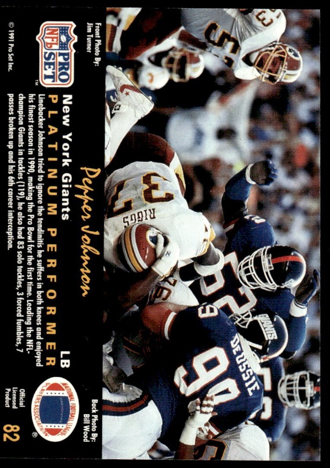 1991 Pro Set Platinum Football Card Pepper Johnson New York Giants #82 ...