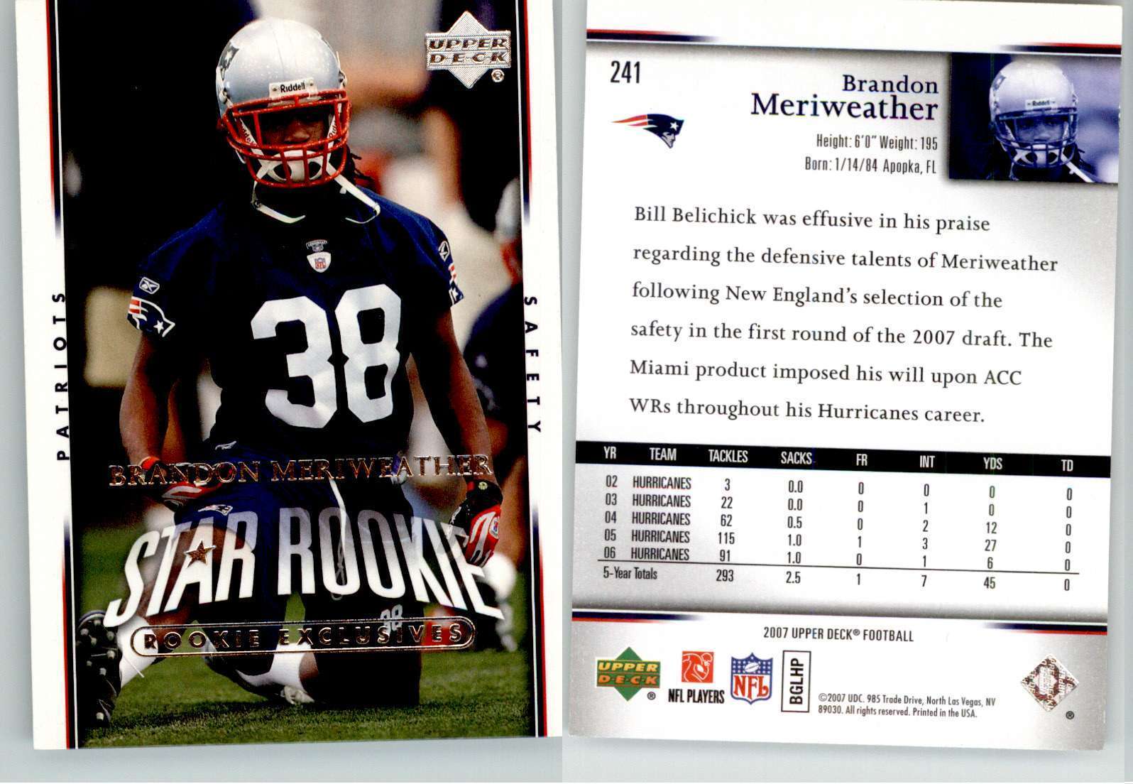 Brandon Meriweather 2007 Upper Deck Rookie Exclusives #241 Patriots RC ...