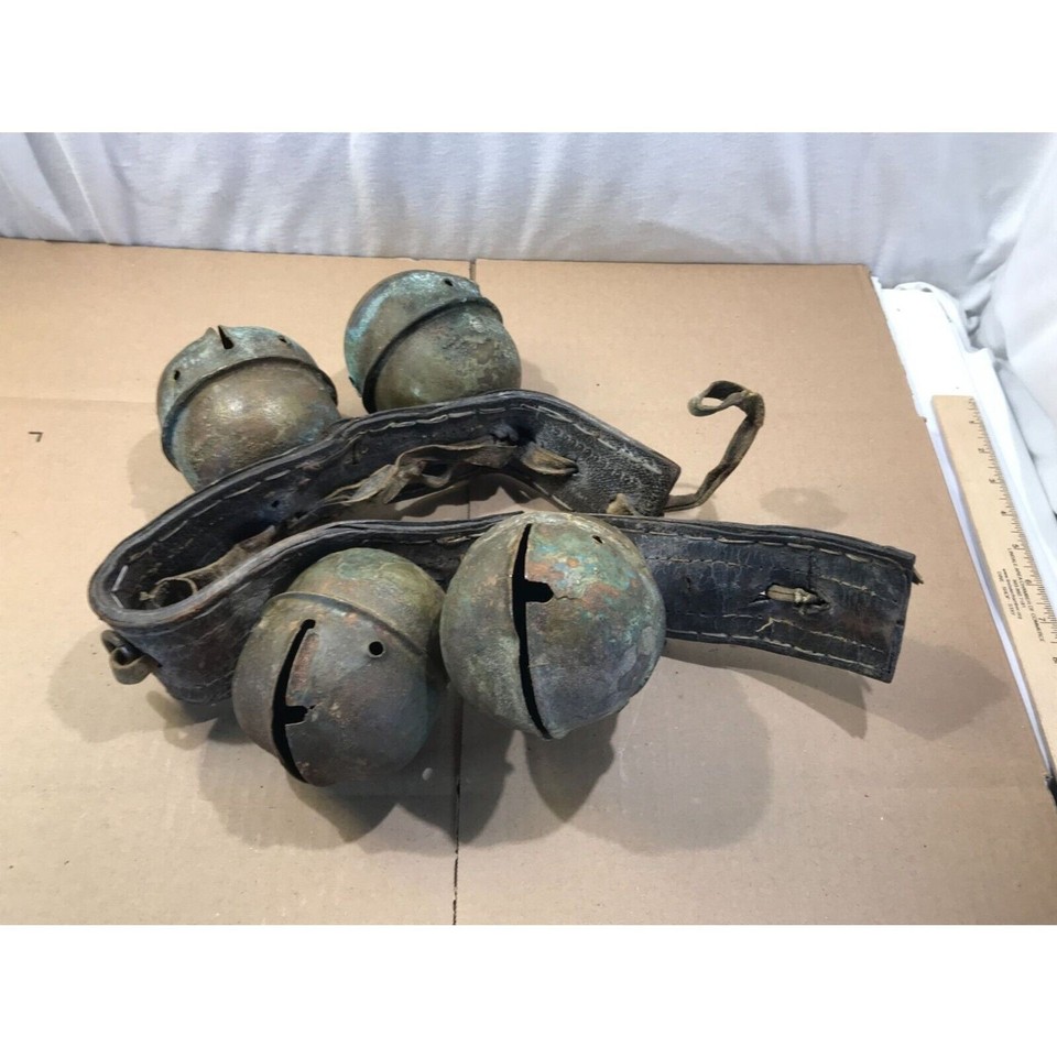 Antique large brass sleigh bells on leather strap, 4 bells, huge 4 ...