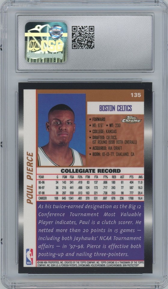 📈 1998-99 Topps Chrome #135 Paul Pierce RC Rookie Card 🔥 CSG 10 Gem ...