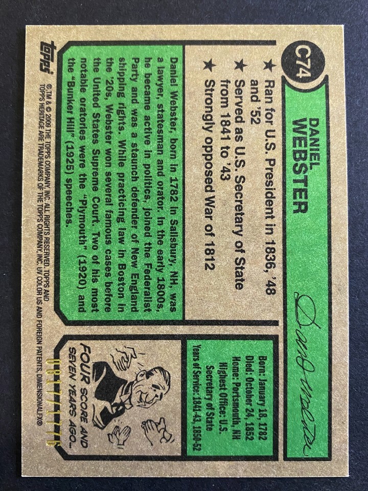 Daniel Webster 2009 Topps American Heritage /1776 Massachusetts Whig # ...