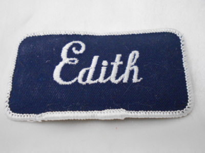 EDITH USED EMBROIDERED VINTAGE SEW ON NAME PATCHES WHITE ON DARK BLUE ...