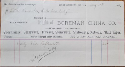 Parkersburg, WV 1904 Letterhead, Boreman China Co., Glass, Tin, West ...