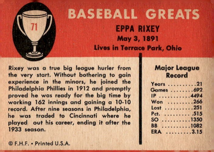 1961 Fleer Baseball Greats (F418-3) #71 Eppa Rixey | eBay