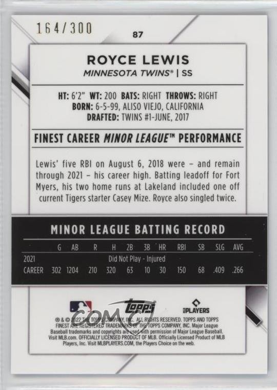 2022 Topps Finest Sky Blue Refractor 164/300 Royce Lewis #87 Rookie RC ...