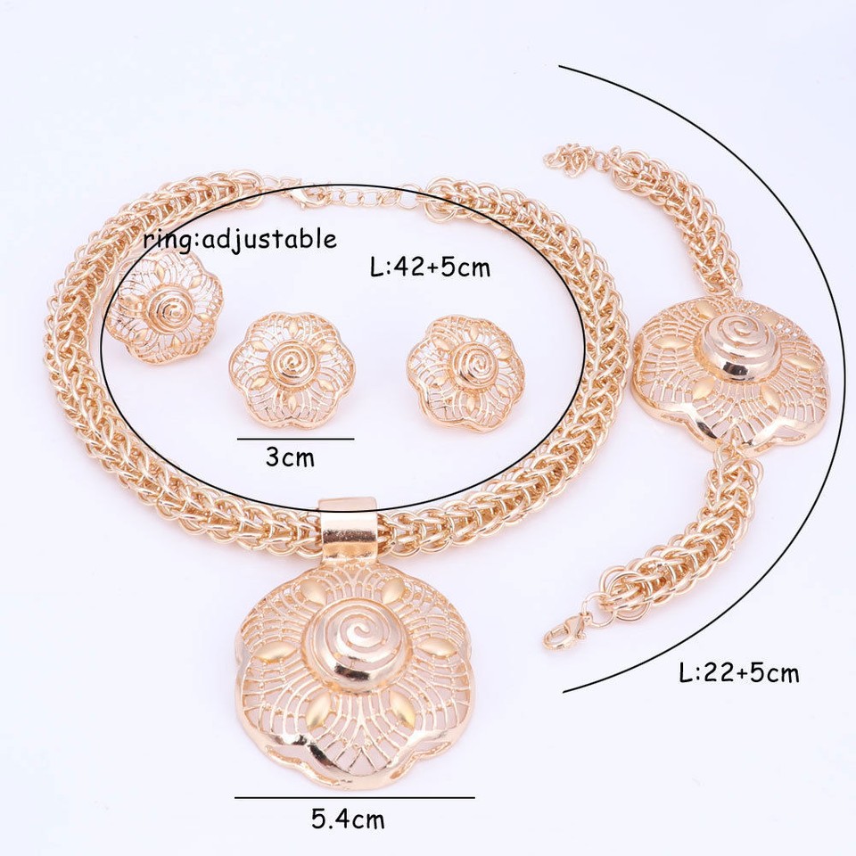 Gold Plated Round Flower Shape with Thick Box Chain 4 Pieces Jewelry ...