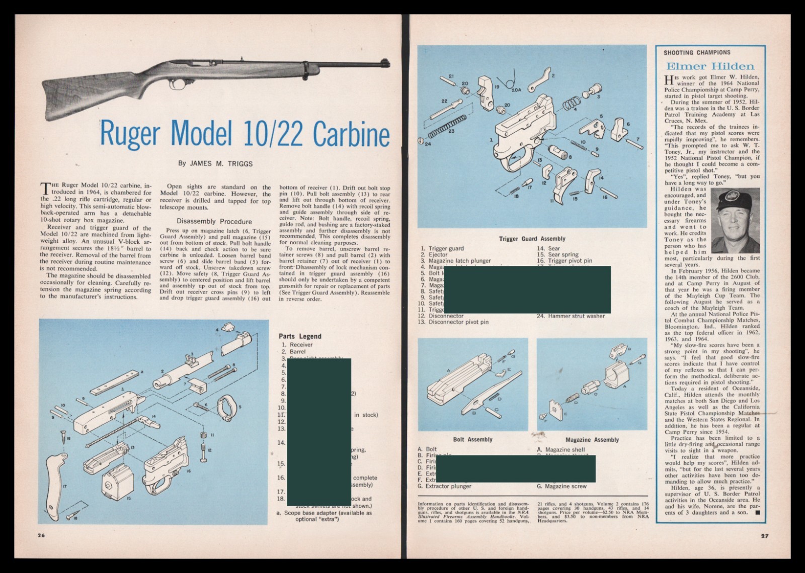 1965 RUGER Model 10/22 Carbine Exploded View Parts List Assembly ...