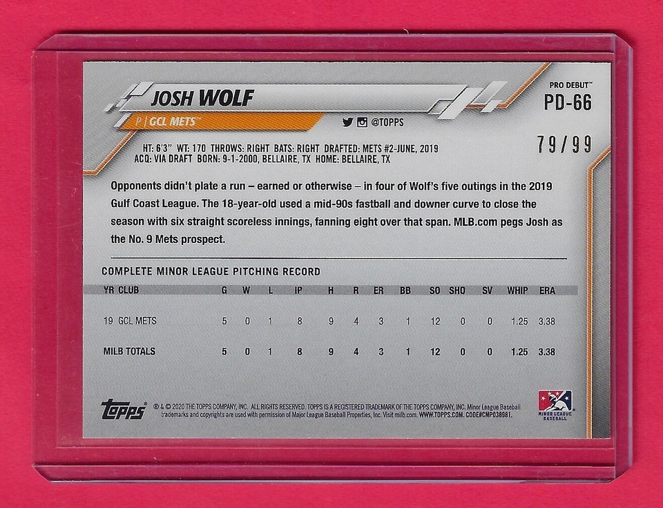 JOSH WOLF 2020 Topps Pro Debut GREEN /99 PD-66 GCL New York Mets | eBay