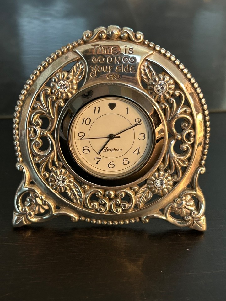 Brighton Forever Clock Travel Desk Clock Crystal Flower Silver Plate ...