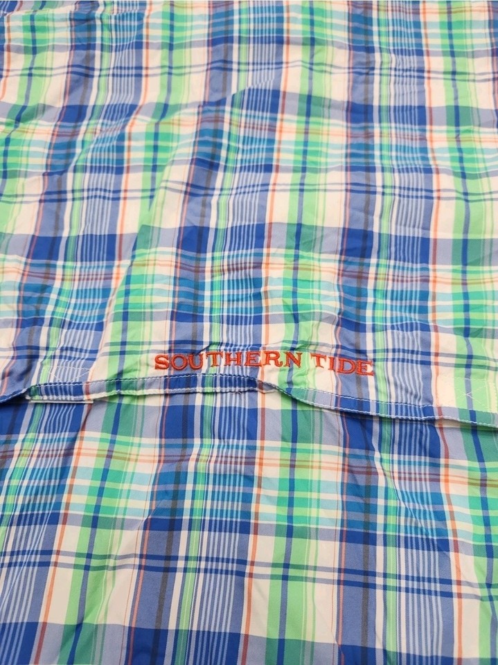 Southern Tide Shirt Mens Large Green Blue Plaid Nylon Button Up Fishing ...