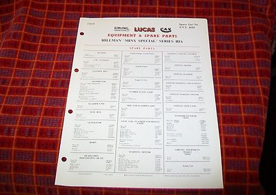 HILLMAN MINX SPECIAL SERIES IIIA LUCAS GIRLING EQUIPMENT SPARES PARTS ...