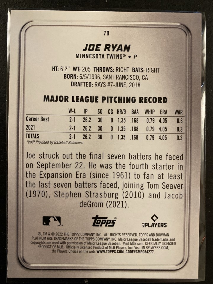 2022 BOWMAN PLATINUM JOE RYAN ROOKIE CARD (RC) #70 | eBay