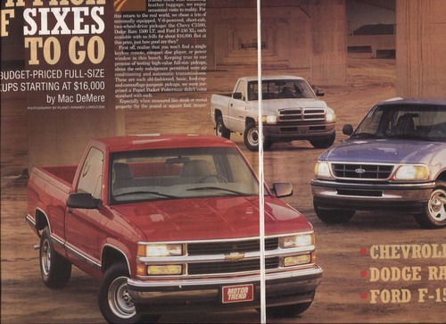 1997 CHEVROLET C1500 DODGE RAM 1500 LT FORD F-150 XL ROAD TEST 6 pg ...
