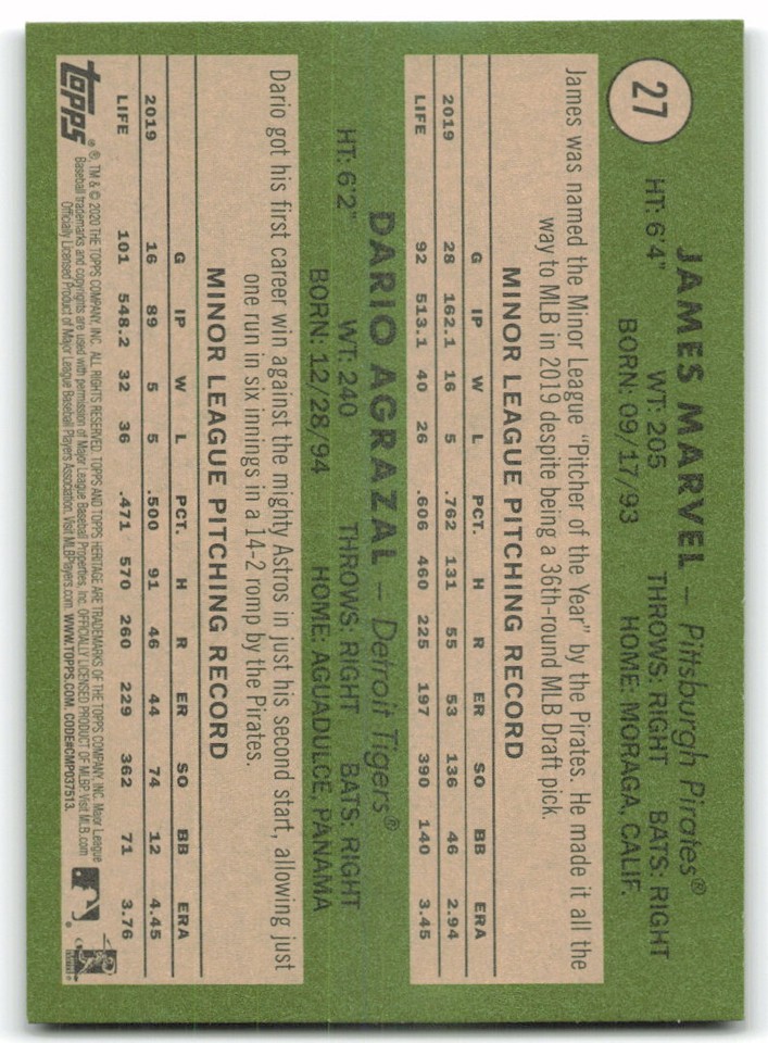 2020 Topps Heritage #27 James Marvel Dario Agrazal RS RC Pirates Tigers ...