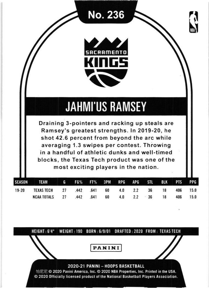 2020-21 PANINI NBA HOOPS JAHMI'US RAMSEY RC #236 BASKETBALL CARD $0.99 ...
