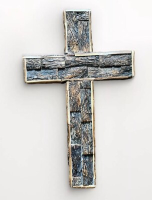 18” Marquetry Rustic Bark Inlaid Wood Wall Cross Handmade Crucifix ...