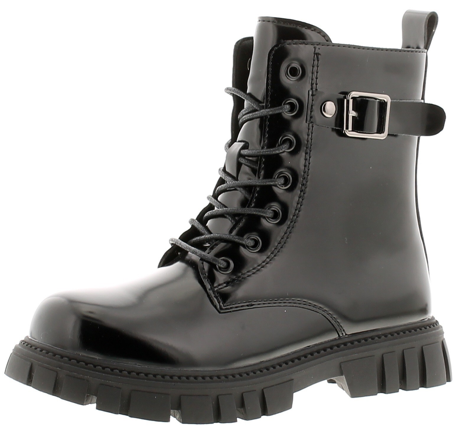 GIRLS BLACK PATENT GOTH GRUNGE EMO BIKER ANKLE BOOTS SIDE ZIP TEENS UK ...