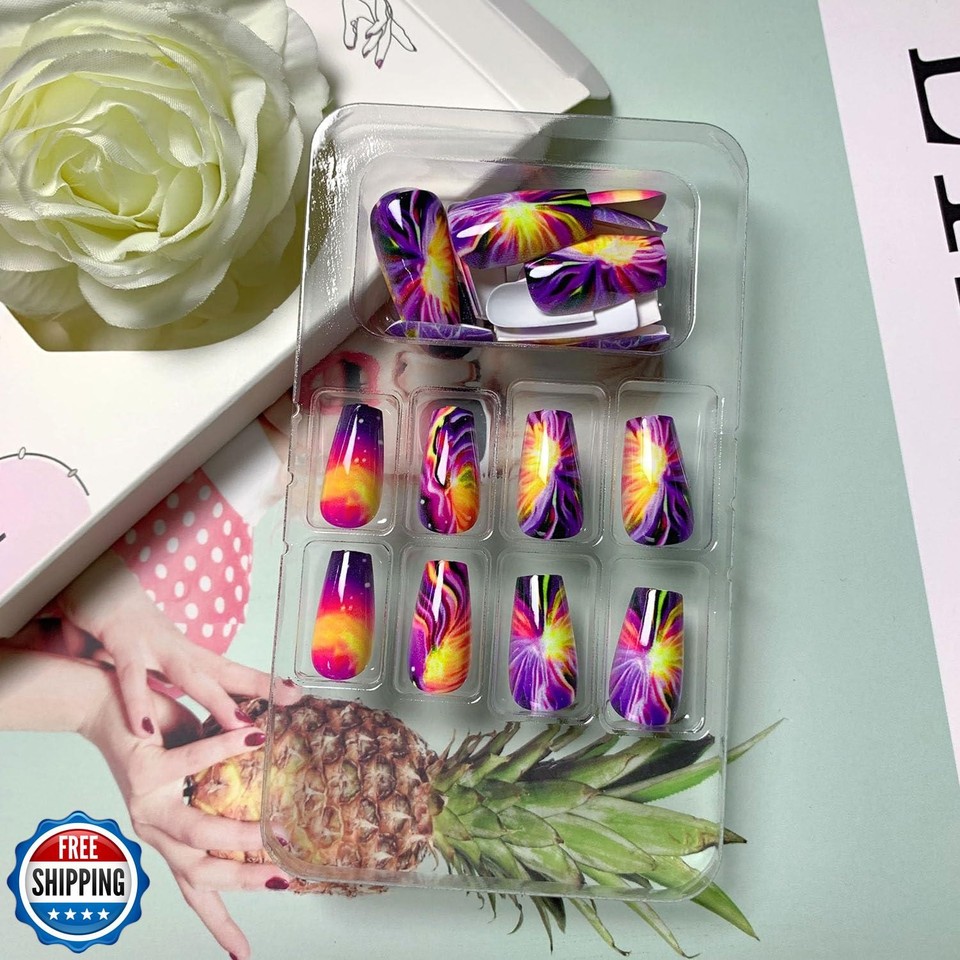 Short Coffin Press on Nails Colorful Fake Nails Firework Acrylic Nails ...