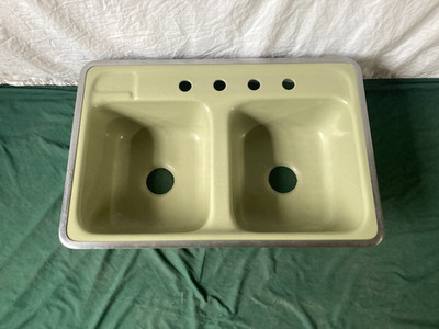 Vtg Cast Iron Avocado Green Porcelain Double Basin Drop In Kitchen Sink ...