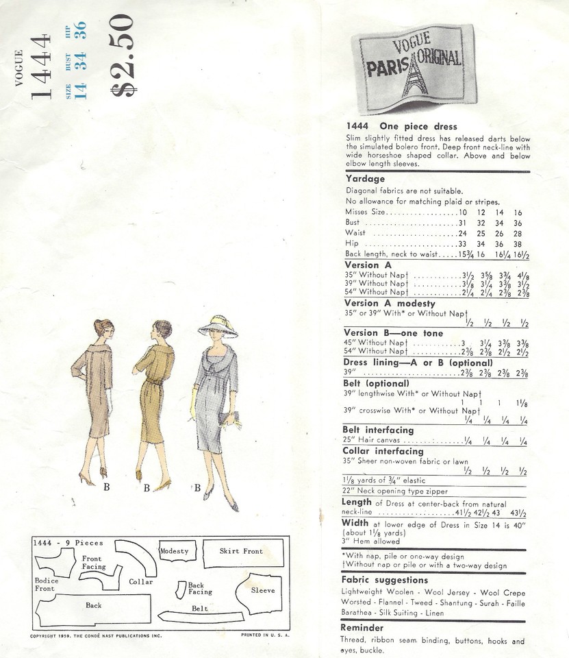 1959 Vintage VOGUE Sewing Pattern B34 DRESS (1413) By Nina Ricci | eBay