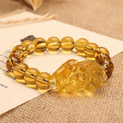 12mm Feng Shui Pixiu Bracelet Yellow Crystal Bead Attract Wealth Good ...