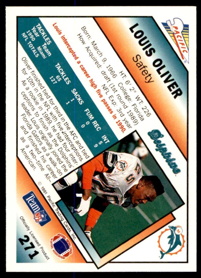 1991 Pacific Louis Oliver . Miami Dolphins #271 | eBay