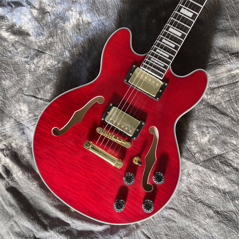 Red Flamed Maple Top Electric Guitar Semi-Hollow Body H-H Pickups Gold ...
