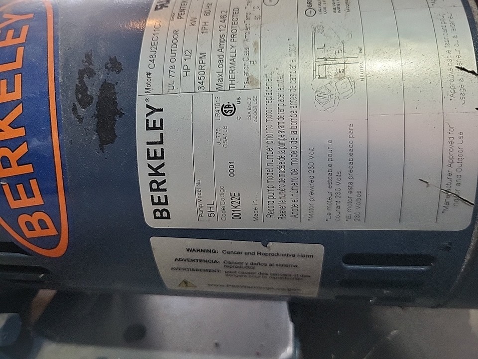 Berkeley Pump Model 5HL Motor C48J2EC11C3 Cast Iron Pump | eBay