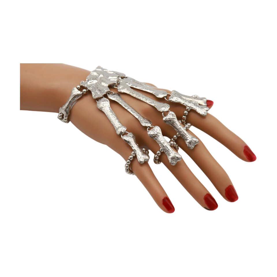 Women Silver Metal Hand Chain Bracelet 5 Long Finger Skeleton Ring Fun ...