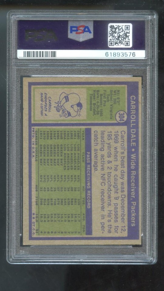 1972 Topps #304 Carroll Dale PSA 8 Graded Football Card HIGH NUMBER NFL ...