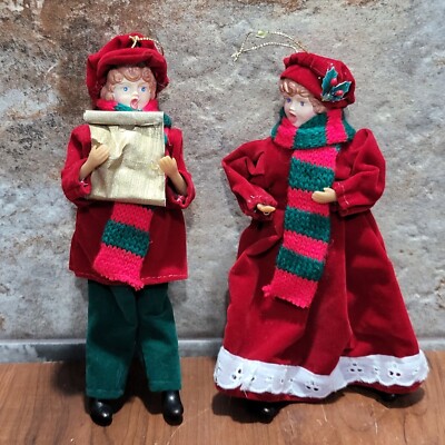 VTG Pair Boy and Girl Carolers Christmas Hanging Ornament Velvet ...