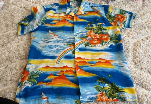 Kai Nani Hawaiian Aloha Shirt XL Blue Rainbows Waves Palm Trees | eBay