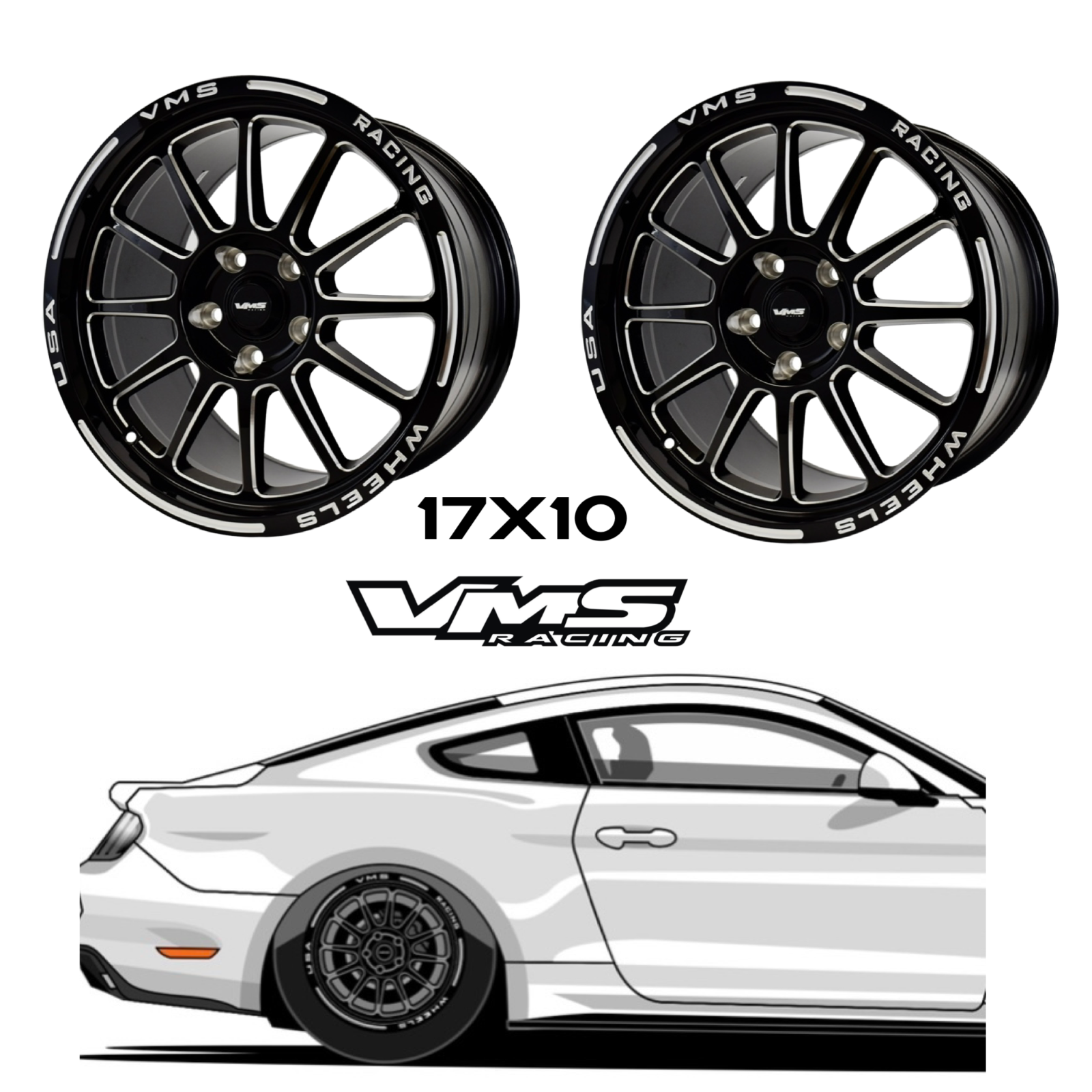 2 VMS RACING BLACK HAWK DRAG RACE RIMS WHEELS REAR 17X10 FOR 15-23 FORD ...