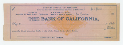 RN-G1 on Bank of California check, Bankruptcy, Unused, San Francisco CA ...