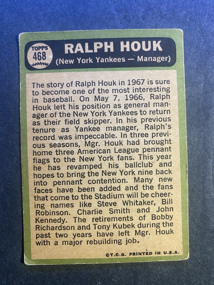 1967 Topps Baseball Ralph Houk New York Yankees Card #468 | eBay