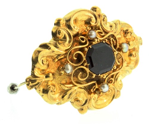 Antique GEORGIAN 18K Gold Pearl Garnet Large Repousse Brooch Pin 12.7g ...